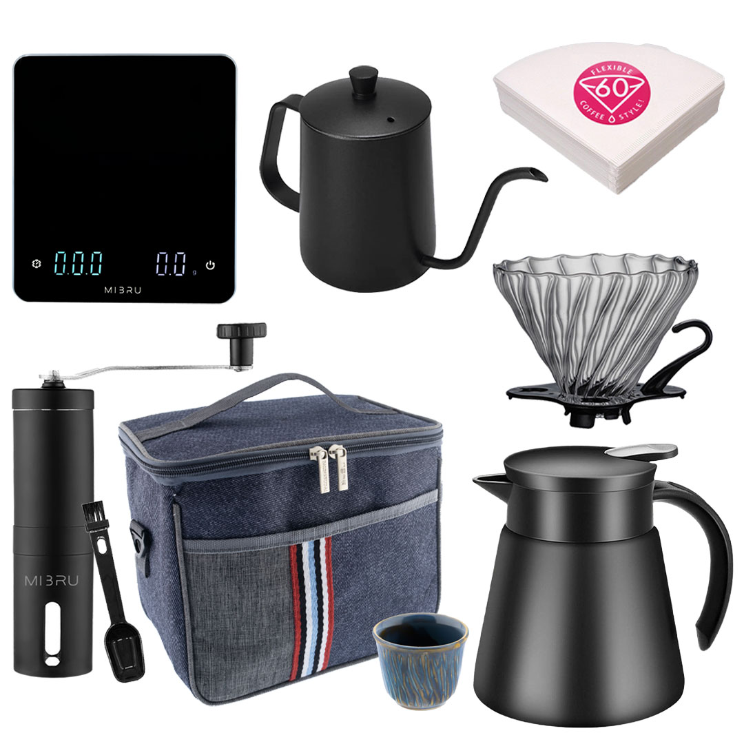 V60 drip coffee preparation set with a bag and a thermos